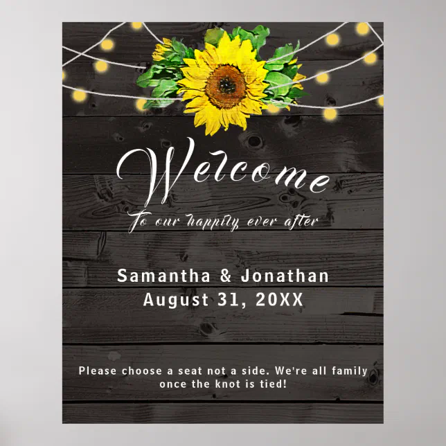 Rustic Sunflower w Lights Wedding Poster | Zazzle