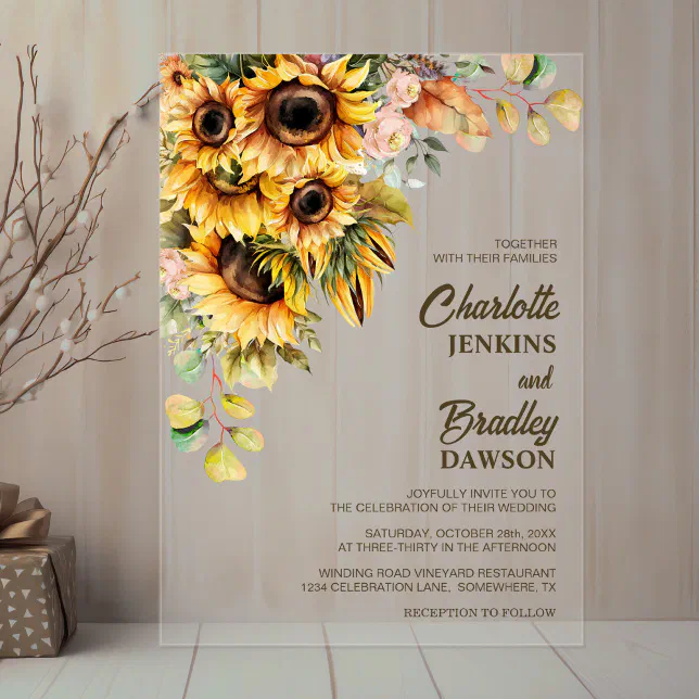 Rustic Sunflower Wedding Acrylic Invitations | Zazzle