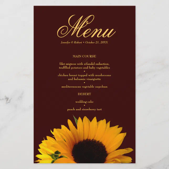 Rustic Sunflower Wedding Dinner Menu Card | Zazzle