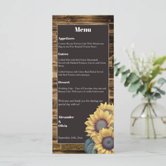 Rustic Sunflower Wedding Menu | Zazzle