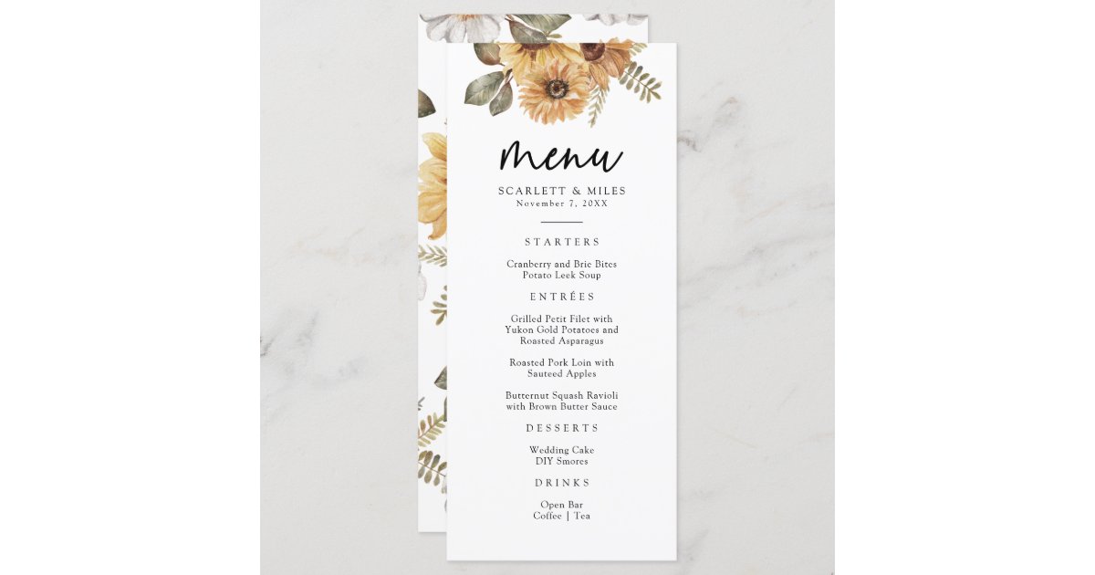 Rustic Sunflower Wedding Menu | Zazzle