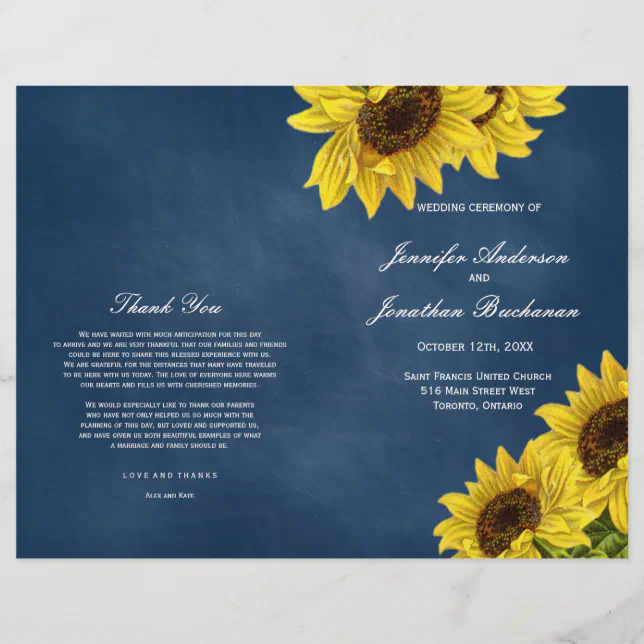 Rustic Sunflower Wedding Programs on Navy Blue | Zazzle