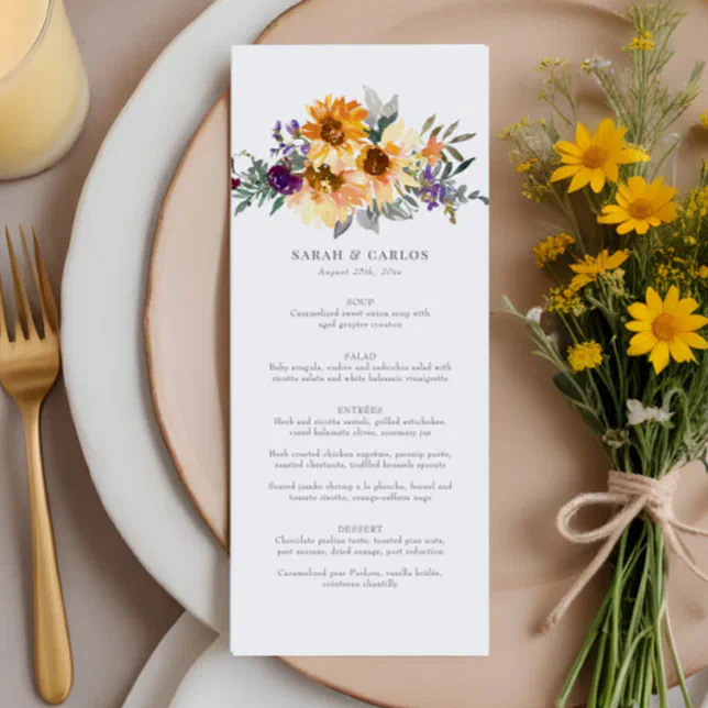 Rustic Sunflower Wildflower Yellow Purple Wedding Menu | Zazzle