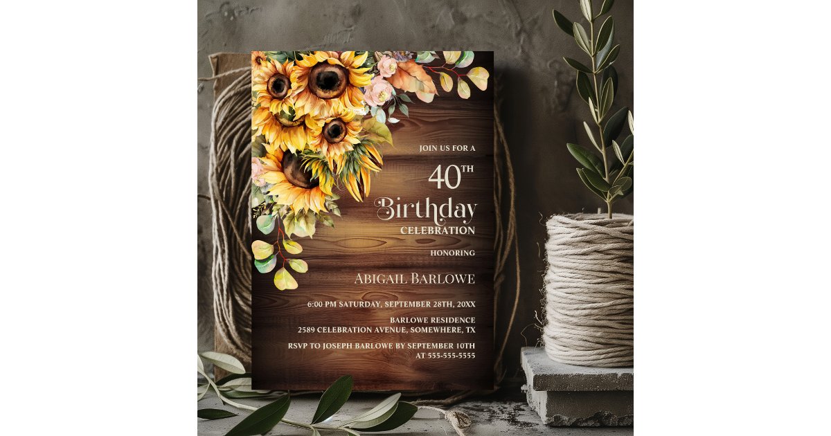 Rustic Sunflower Wood 40th Birthday Party Invitation | Zazzle