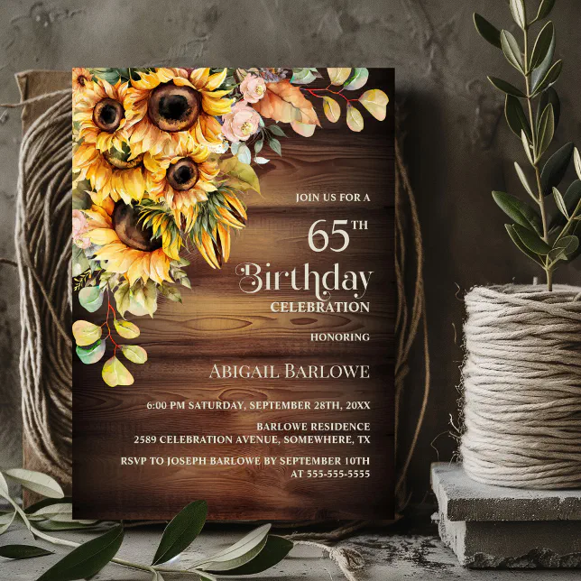 Rustic Sunflower Wood 65th Birthday Party Invitation | Zazzle