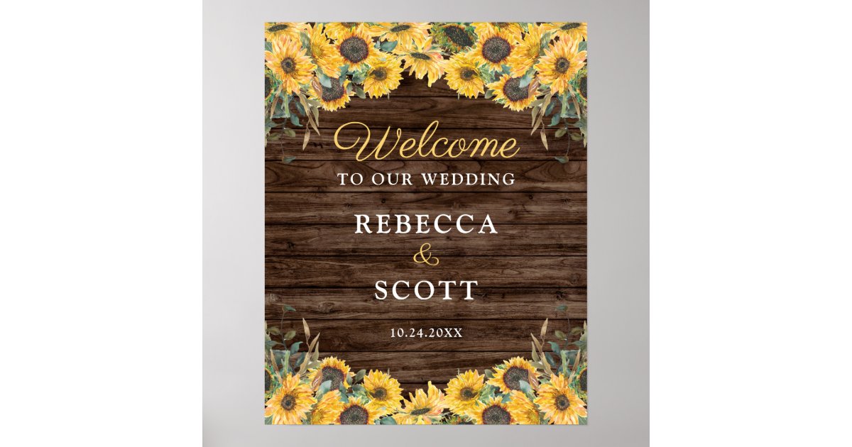 Rustic Sunflower Wood Barn Wedding Welcome Poster | Zazzle