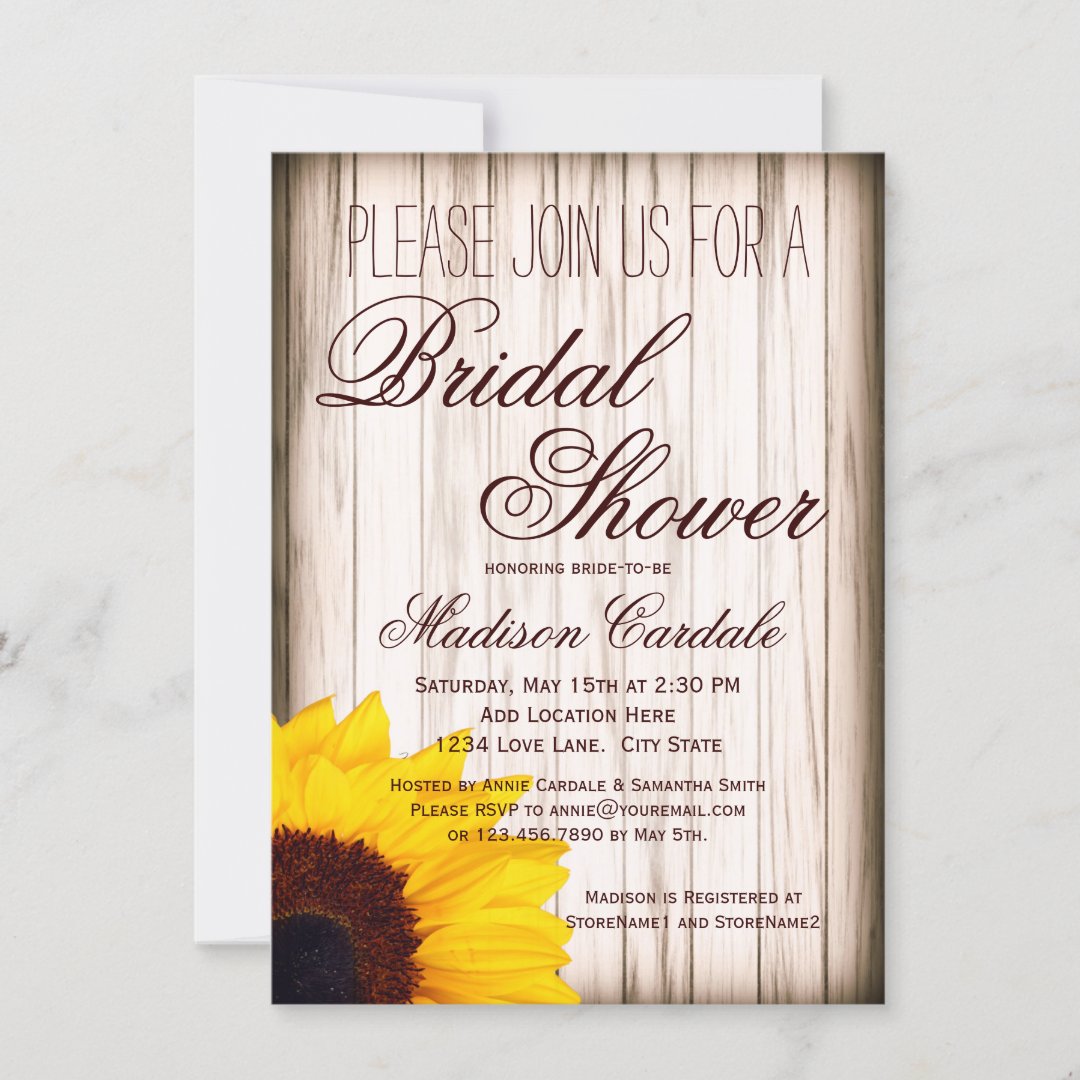 Rustic Sunflower Wood Bridal Shower Invitations | Zazzle