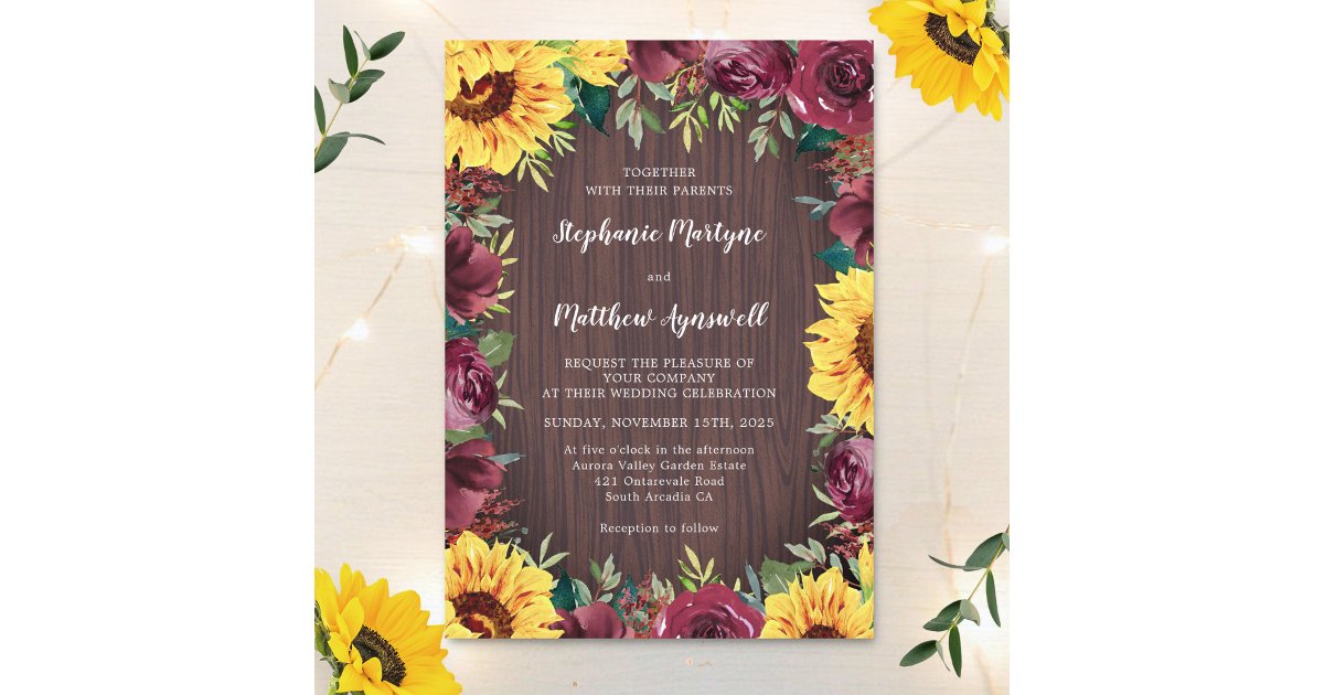 Rustic Sunflower Wood Floral Border Wedding Invitation | Zazzle