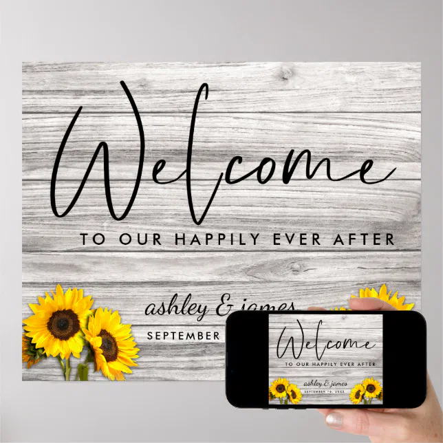 Rustic Sunflower Wood Texture Wedding Welcome Poster | Zazzle