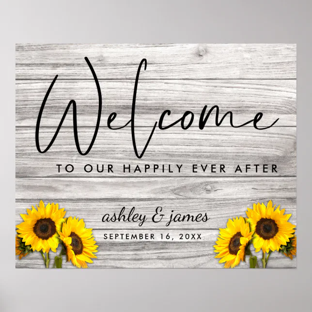 Rustic Sunflower Wood Texture Wedding Welcome Poster | Zazzle