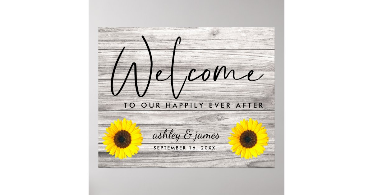 Rustic Sunflower Wood Texture Wedding Welcome Poster | Zazzle