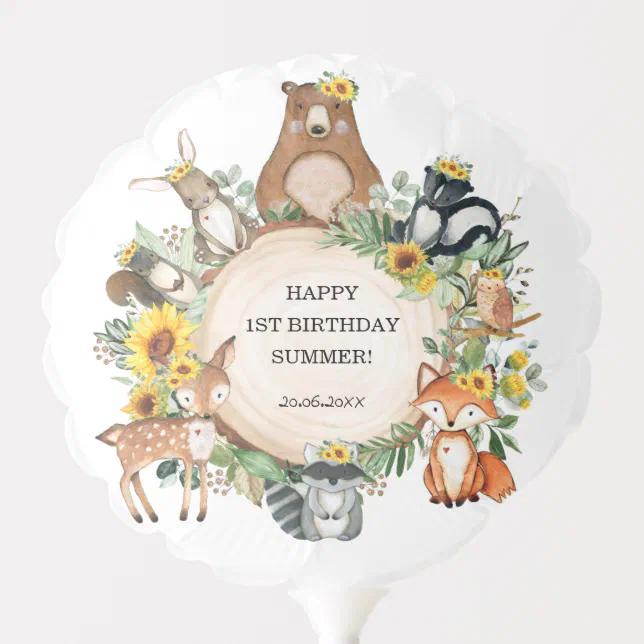 Rustic Sunflower Woodland Animals Baby Birthday Balloon | Zazzle