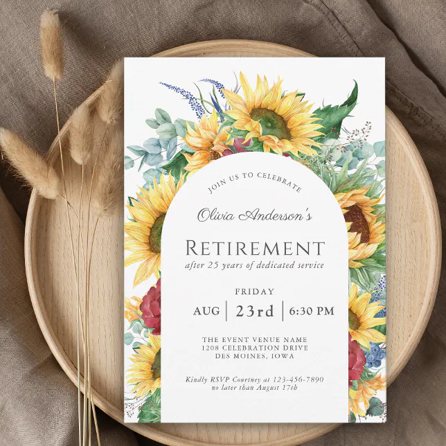 Rustic Sunflowers Arch Frame Retirement Party Invitation | Zazzle