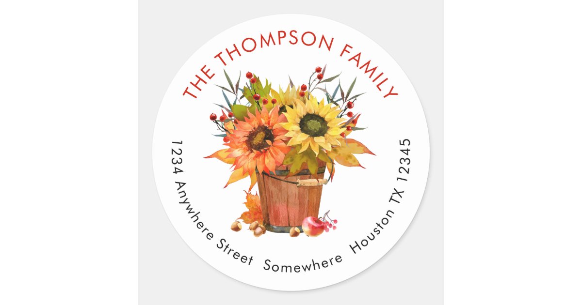 Rustic Sunflowers Autumn Name Return Address Classic Round Sticker | Zazzle