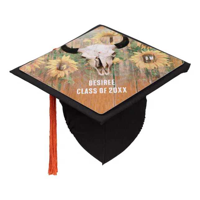 Rustic Sunflowers Bull Cow Skull Western Graduation Cap Topper | Zazzle