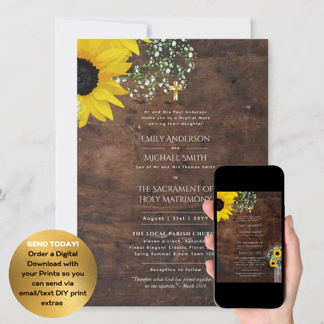 Rustic Sunflowers Catholic Nuptial Mass Wedding Invitation | Zazzle
