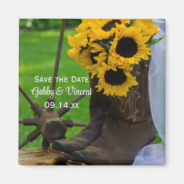 Rustic Sunflowers Cowboy Boots Save the Date Magnet | Zazzle