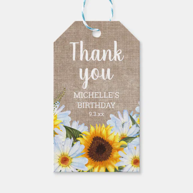 Rustic Sunflowers Daisies Birthday Party Name Date Gift Tags | Zazzle