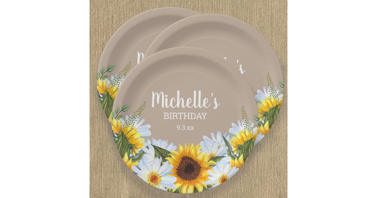 Rustic Sunflowers Daisies Birthday Party Name Date Paper Plates | Zazzle