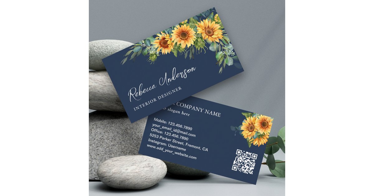 Rustic Sunflowers Eucalyptus Navy Blue QR Code Business Card | Zazzle