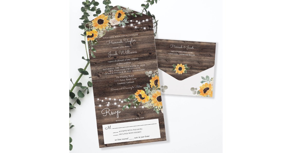 Rustic Sunflowers Eucalyptus Wedding with RSVP All In One Invitation ...