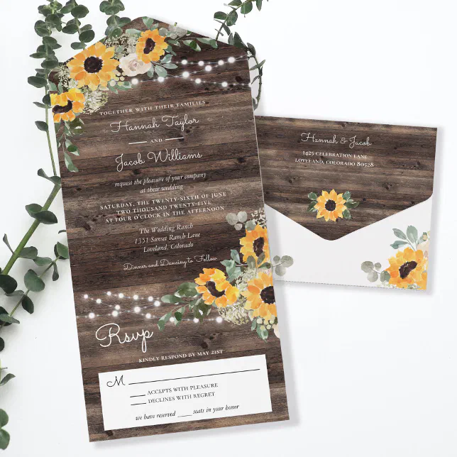 Rustic Sunflowers Eucalyptus Wedding with RSVP All In One Invitation ...