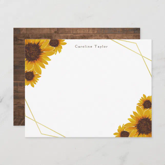 Rustic Sunflowers Gold Geometric Wood Personalized Note Card | Zazzle