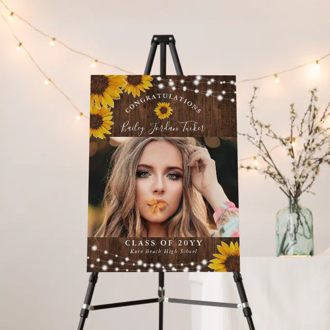 Rustic Sunflowers Lights Photo Graduation Party Foam Board | Zazzle