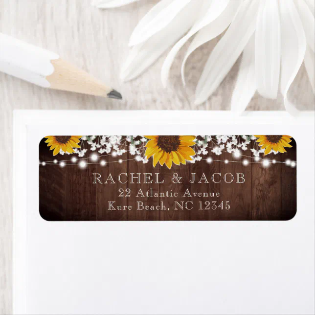 Rustic Sunflowers Mason Jar Lights Wedding Address Label | Zazzle