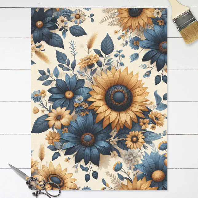 Rustic Sunflowers Navy Blue Daisies Decoupage Tissue Paper | Zazzle