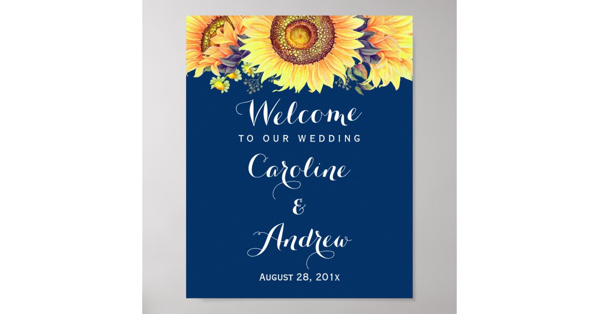 Rustic Sunflowers Navy Blue Welcome Wedding Sign | Zazzle
