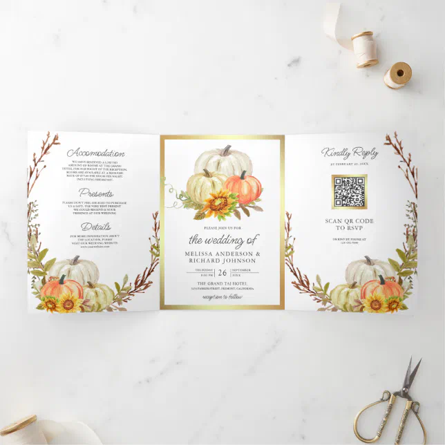 Rustic Sunflowers Pumpkin QR Code Wedding Tri-Fold Invitation | Zazzle