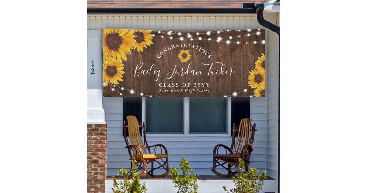 Rustic Sunflowers String Lights Graduation Banner | Zazzle