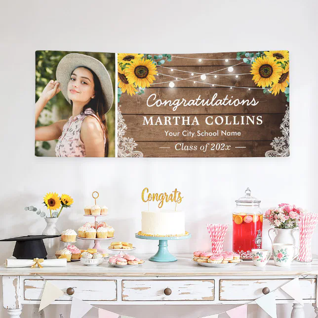 Rustic Sunflowers String Lights Graduation Party Banner | Zazzle