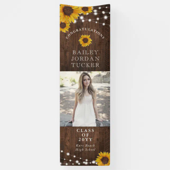 Rustic Sunflowers String Lights Photo Graduation Banner | Zazzle
