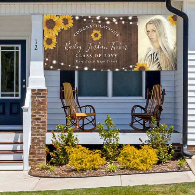 Rustic Sunflowers String Lights Photo Graduation Banner | Zazzle