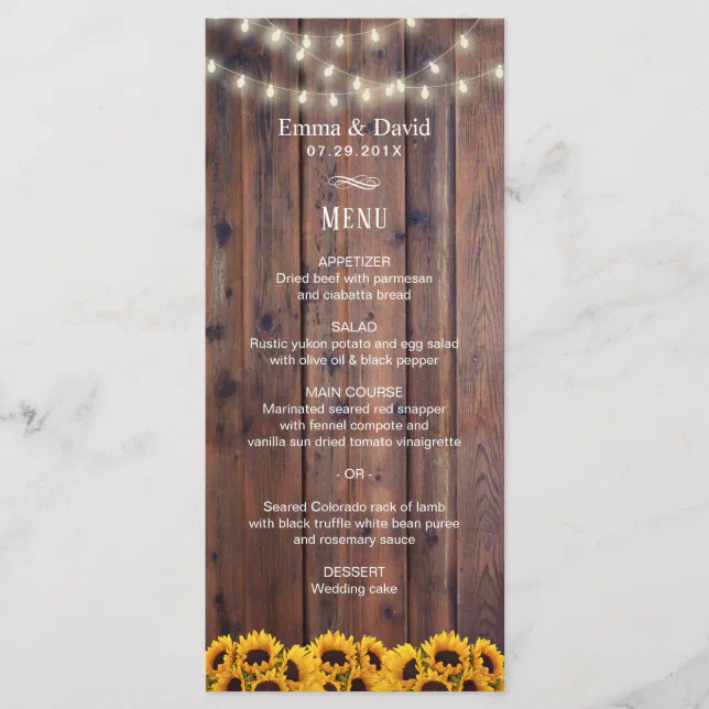 Rustic Sunflowers & String Lights Wedding Menu | Zazzle