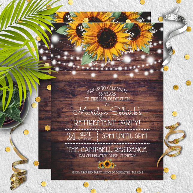 Rustic Sunflowers|Twinkle Lights Retirement Party Invitation | Zazzle