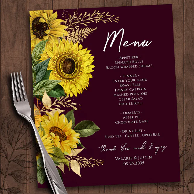 Rustic Sunflowers Wedding Menu Flyer | Zazzle