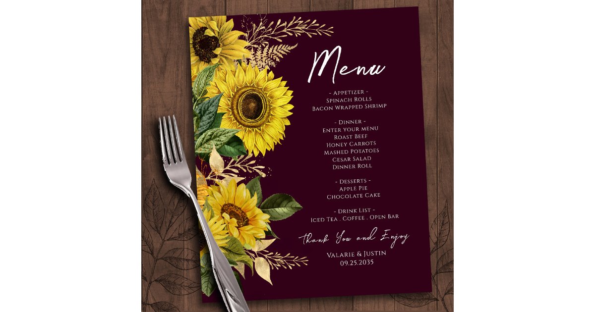 Rustic Sunflowers Wedding Menu Flyer | Zazzle