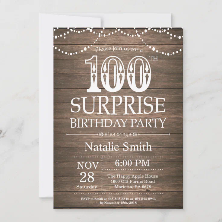 Rustic Surprise 100th Birthday Invitation | Zazzle