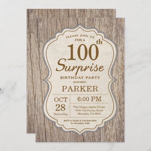 Rustic Surprise 100th Birthday Invitation Wood | Zazzle