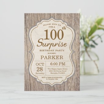 Rustic Surprise 100th Birthday Invitation Wood | Zazzle