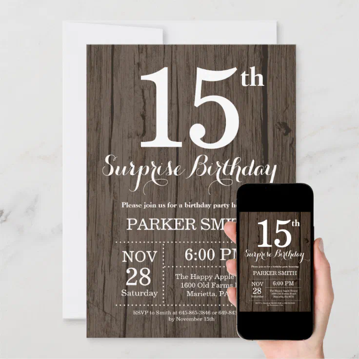 Rustic Surprise 15th Birthday Invitation | Zazzle