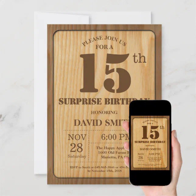 Rustic Surprise 15th Birthday Invitation Wood | Zazzle