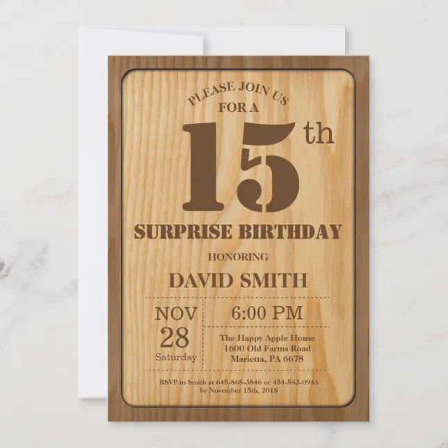 Rustic Surprise 15th Birthday Invitation Wood | Zazzle