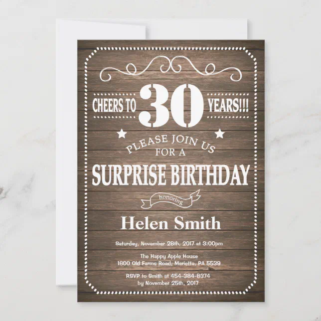 Rustic Surprise 30th Birthday Invitation | Zazzle