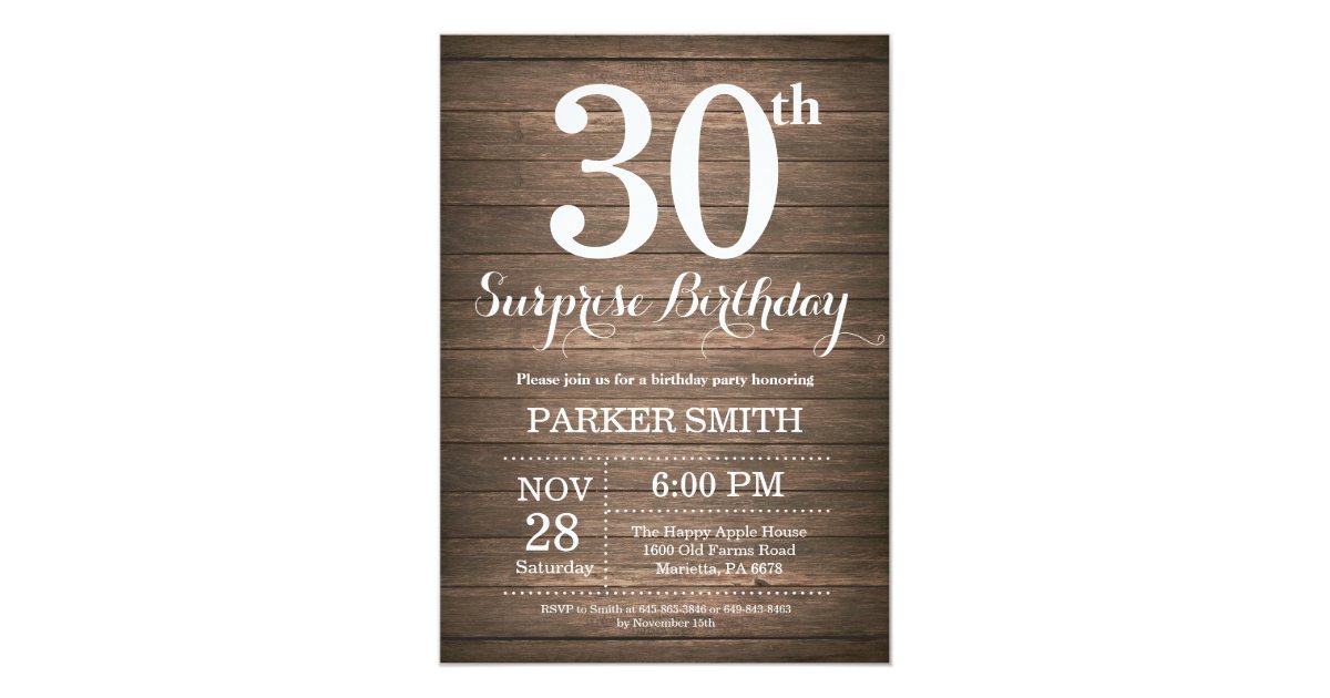 Rustic Surprise 30th Birthday Invitation | Zazzle.com