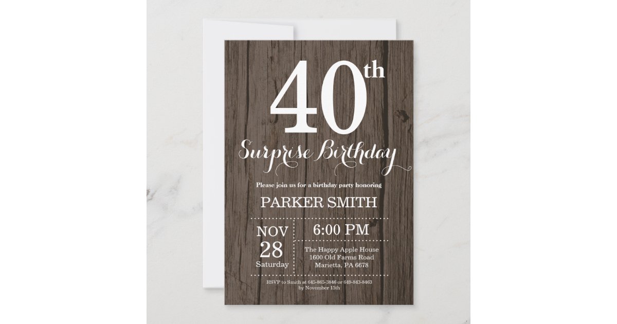 Rustic Surprise 40th Birthday Invitation | Zazzle
