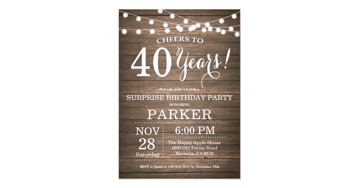 Rustic Surprise 40th Birthday Invitation Wood | Zazzle.com